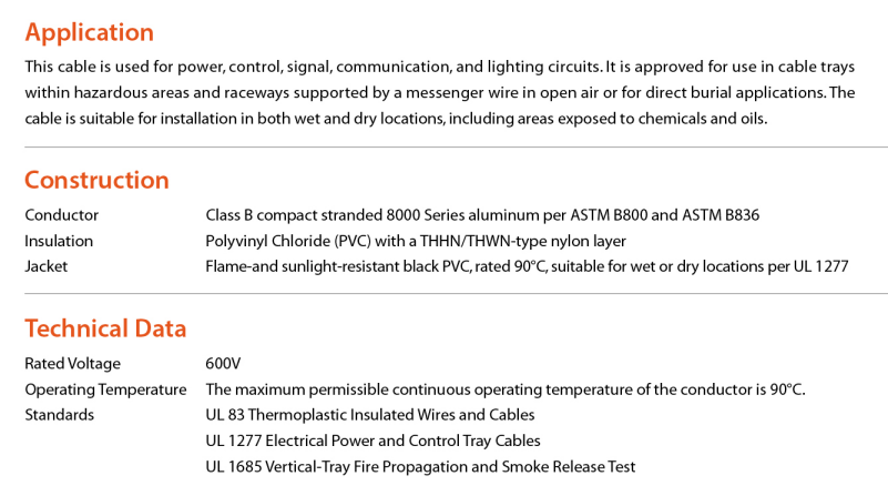 Aluminum Tray Cable,THHN/THWN-2 Insulation,PVC Jacket_ZHEJIANG CARDIFF ...